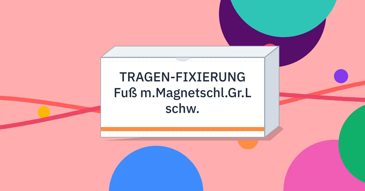 Symbolbild: Packung mit der Aufschrift TRAGEN-FIXIERUNG Fuß m.Magnetschl.Gr.L schw. (PZN 17279897) – Verfügbarkeit und Bezug in Apotheken in Frankfurt am Main