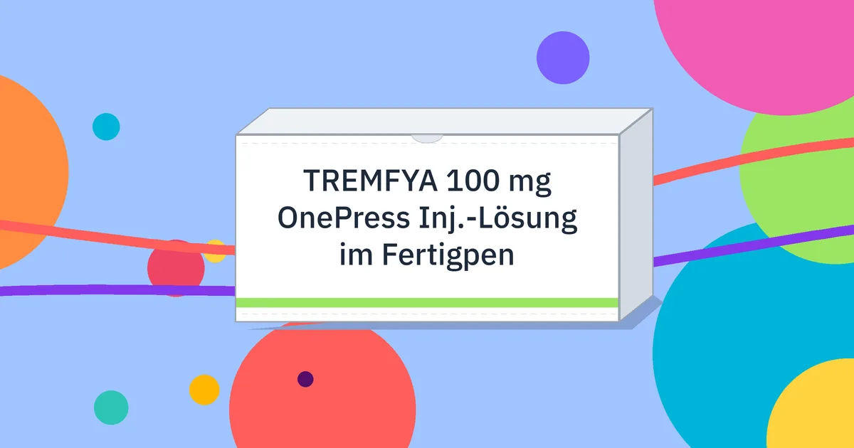 Symbolbild: Packung mit der Aufschrift TREMFYA 100 mg OnePress Inj.-Lösung im Fertigpen (PZN 20386355) – Verfügbarkeit und Bezug in Apotheken in Frankfurt am Main