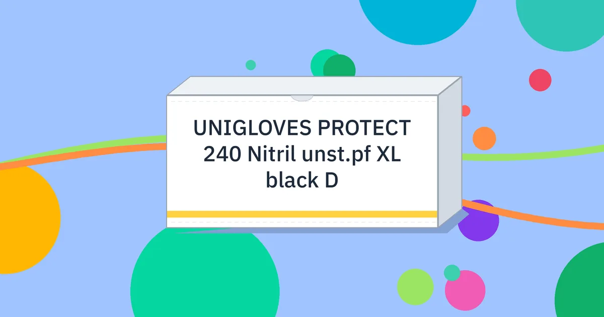 Symbolbild: Packung mit der Aufschrift UNIGLOVES PROTECT 240 Nitril unst.pf XL black D (PZN 19996166) – Verfügbarkeit und Bezug in Apotheken in Frankfurt am Main