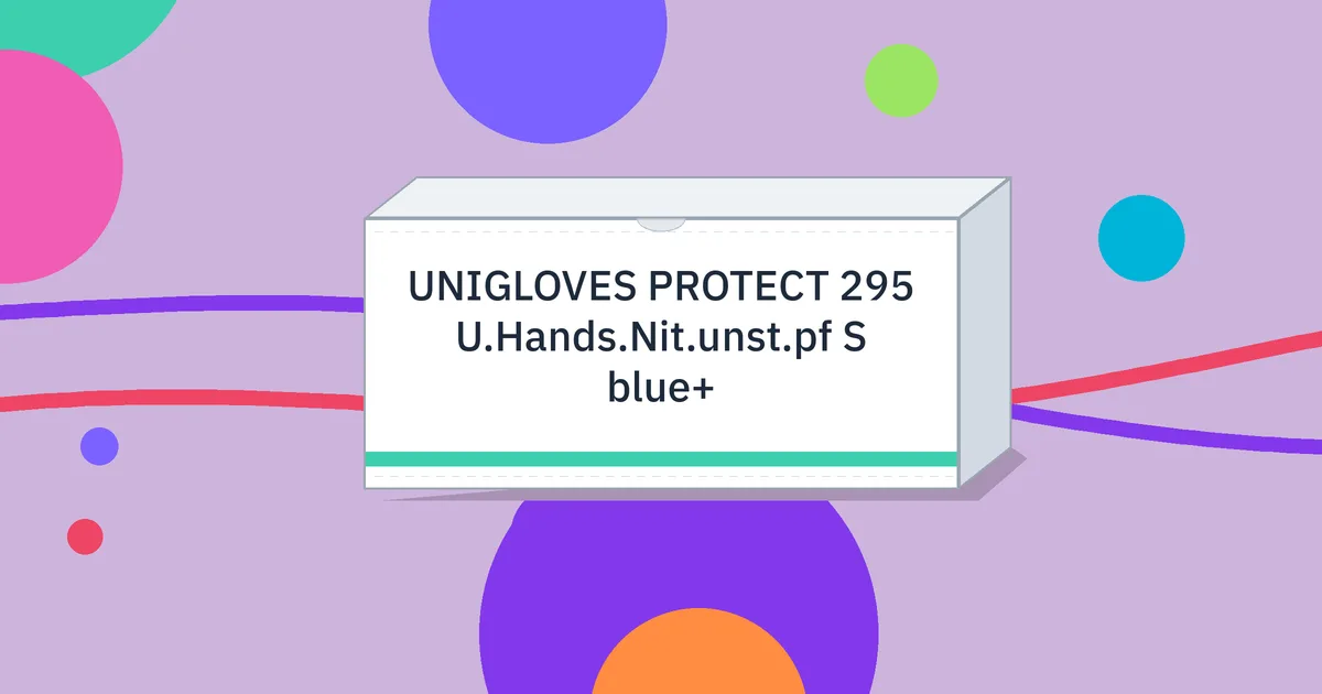 Symbolbild: Packung mit der Aufschrift UNIGLOVES PROTECT 295 U.Hands.Nit.unst.pf S blue+ (PZN 20080260) – Verfügbarkeit und Bezug in Apotheken in Frankfurt am Main