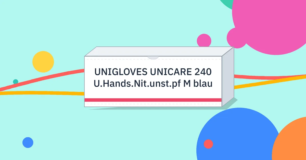 Symbolbild: Packung mit der Aufschrift UNIGLOVES UNICARE 240 U.Hands.Nit.unst.pf M blau (PZN 19907257) – Verfügbarkeit und Bezug in Apotheken in Frankfurt am Main