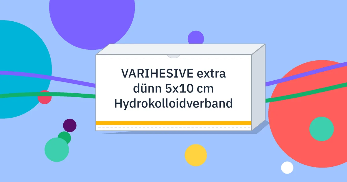 Symbolbild: Packung mit der Aufschrift VARIHESIVE extra dünn 5x10 cm Hydrokolloidverband (PZN 20055463) – Verfügbarkeit und Bezug in Apotheken in Frankfurt am Main