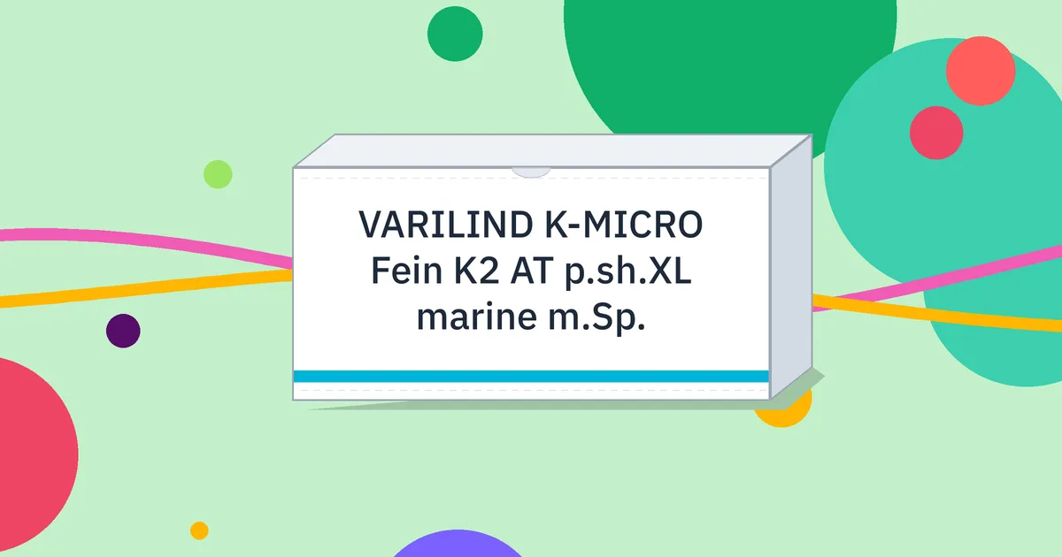 Symbolbild: Packung mit der Aufschrift VARILIND K-MICRO Fein K2 AT p.sh.XL marine m.Sp. (PZN 20553439) – Verfügbarkeit und Bezug in Apotheken in Frankfurt am Main
