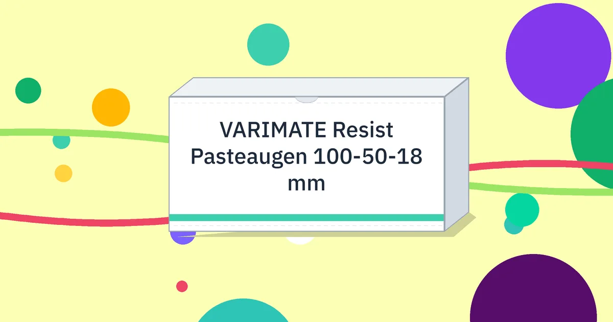 Symbolbild: Packung mit der Aufschrift VARIMATE Resist Pasteaugen 100-50-18 mm (PZN 02788541) – Verfügbarkeit und Bezug in Apotheken in Frankfurt am Main