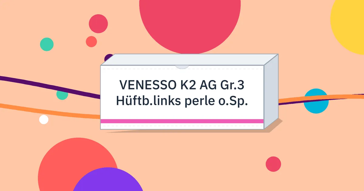 Symbolbild: Packung mit der Aufschrift VENESSO K2 AG Gr.3 Hüftb.links perle o.Sp. (PZN 03269286) – Verfügbarkeit und Bezug in Apotheken in Frankfurt am Main