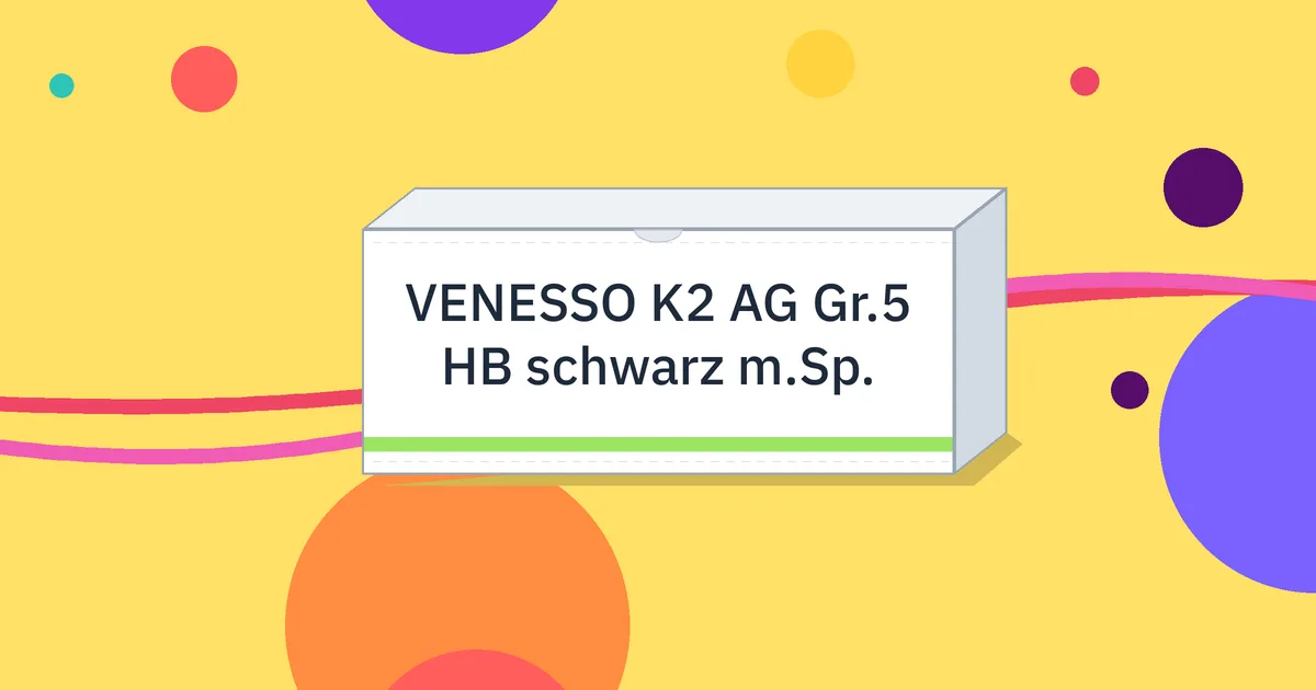 Symbolbild: Packung mit der Aufschrift VENESSO K2 AG Gr.5 HB schwarz m.Sp. (PZN 03264389) – Verfügbarkeit und Bezug in Apotheken in Frankfurt am Main