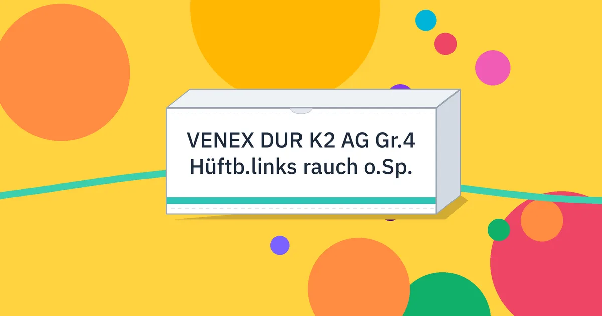 Symbolbild: Packung mit der Aufschrift VENEX DUR K2 AG Gr.4 Hüftb.links rauch o.Sp. (PZN 03231125) – Verfügbarkeit und Bezug in Apotheken in Frankfurt am Main