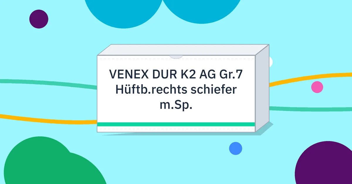Symbolbild: Packung mit der Aufschrift VENEX DUR K2 AG Gr.7 Hüftb.rechts schiefer m.Sp. (PZN 03229111) – Verfügbarkeit und Bezug in Apotheken in Frankfurt am Main