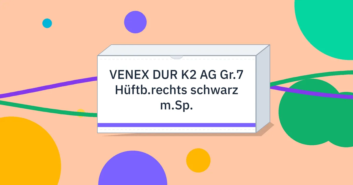 Symbolbild: Packung mit der Aufschrift VENEX DUR K2 AG Gr.7 Hüftb.rechts schwarz m.Sp. (PZN 03229358) – Verfügbarkeit und Bezug in Apotheken in Frankfurt am Main