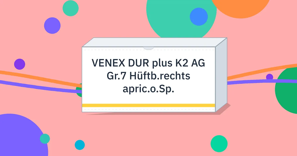 Symbolbild: Packung mit der Aufschrift VENEX DUR plus K2 AG Gr.7 Hüftb.rechts apric.o.Sp. (PZN 03242465) – Verfügbarkeit und Bezug in Apotheken in Frankfurt am Main