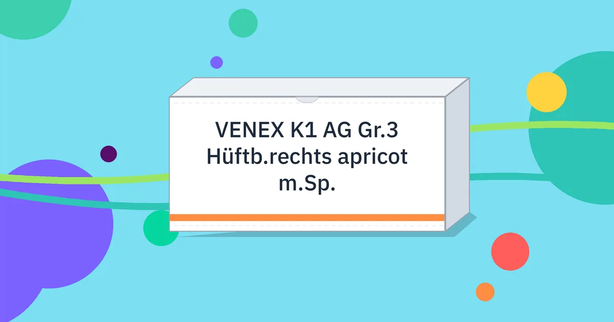 Symbolbild: Packung mit der Aufschrift VENEX K1 AG Gr.3 Hüftb.rechts apricot m.Sp. (PZN 03202603) – Verfügbarkeit und Bezug in Apotheken in Frankfurt am Main
