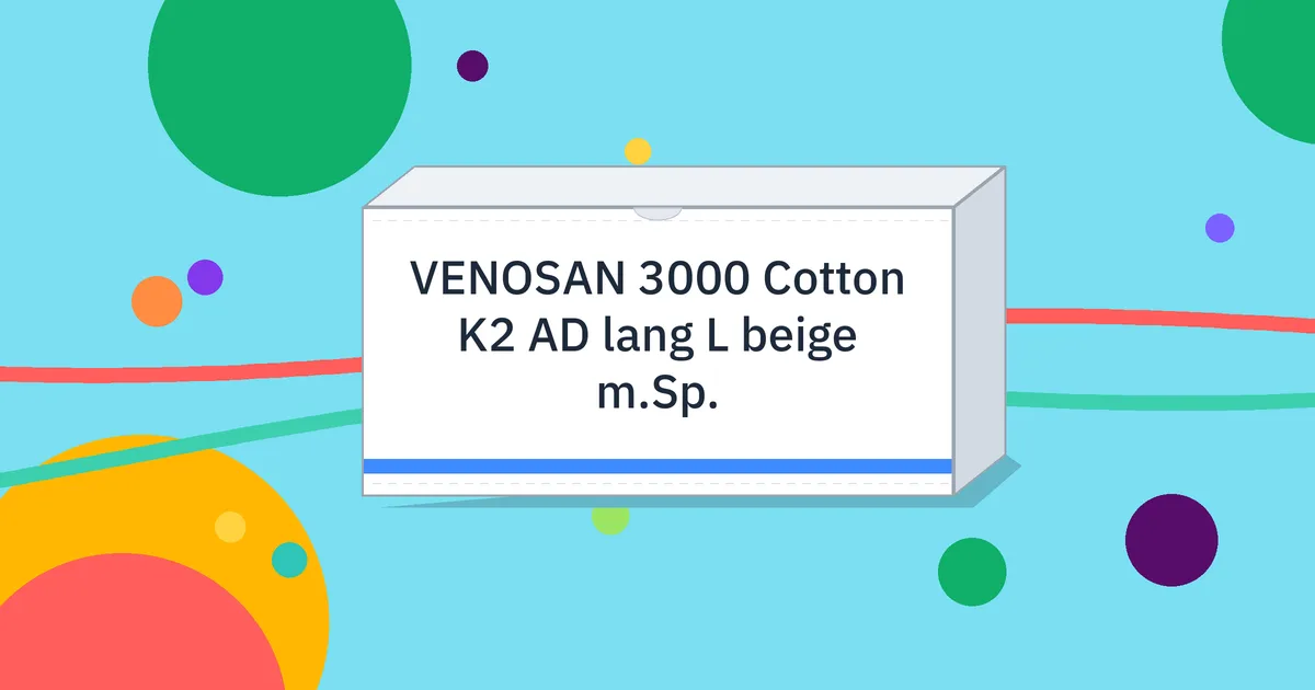 Symbolbild: Packung mit der Aufschrift VENOSAN 3000 Cotton K2 AD lang L beige m.Sp. (PZN 14421194) – Verfügbarkeit und Bezug in Apotheken in Frankfurt am Main