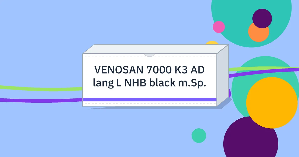 Symbolbild: Packung mit der Aufschrift VENOSAN 7000 K3 AD lang L NHB black m.Sp. (PZN 14436356) – Verfügbarkeit und Bezug in Apotheken in Frankfurt am Main