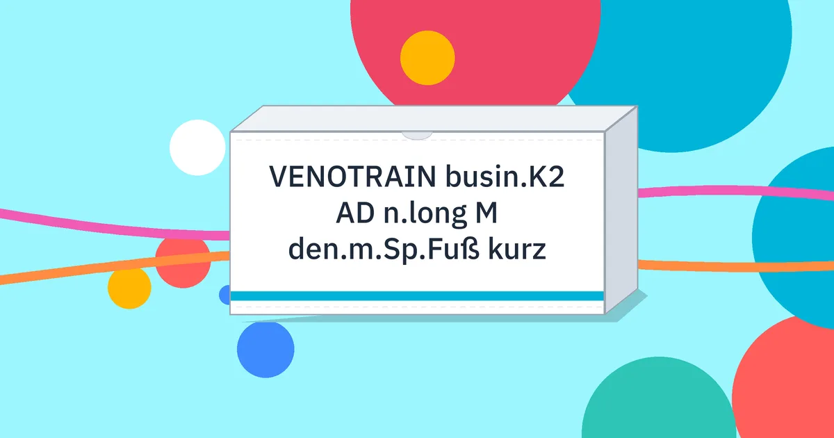 Symbolbild: Packung mit der Aufschrift VENOTRAIN busin.K2 AD n.long M den.m.Sp.Fuß kurz (PZN 19057793) – Verfügbarkeit und Bezug in Apotheken in Frankfurt am Main