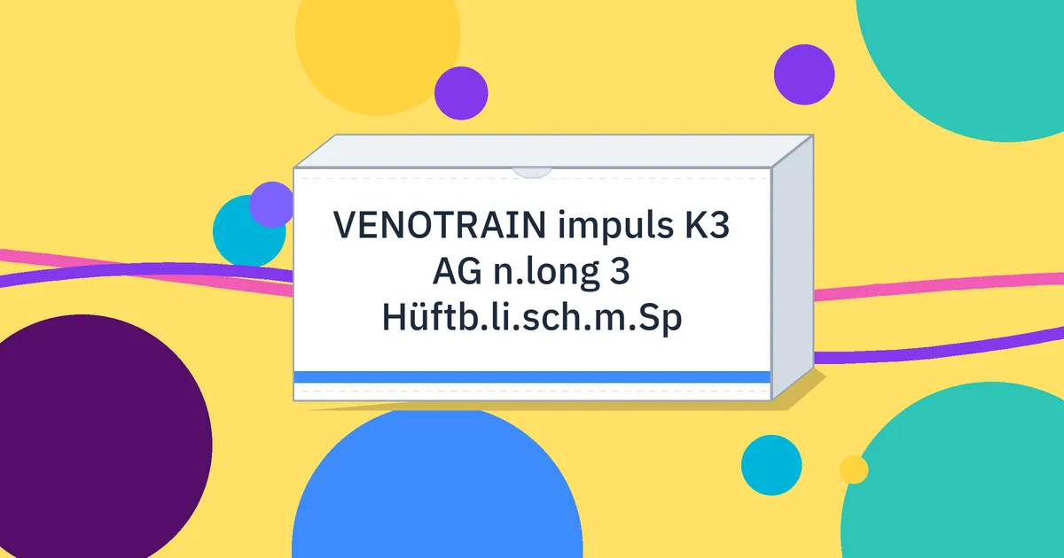 Symbolbild: Packung mit der Aufschrift VENOTRAIN impuls K3 AG n.long 3 Hüftb.li.sch.m.Sp (PZN 10295634) – Verfügbarkeit und Bezug in Apotheken in Frankfurt am Main
