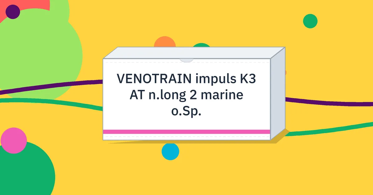Symbolbild: Packung mit der Aufschrift VENOTRAIN impuls K3 AT n.long 2 marine o.Sp. (PZN 19355881) – Verfügbarkeit und Bezug in Apotheken in Frankfurt am Main