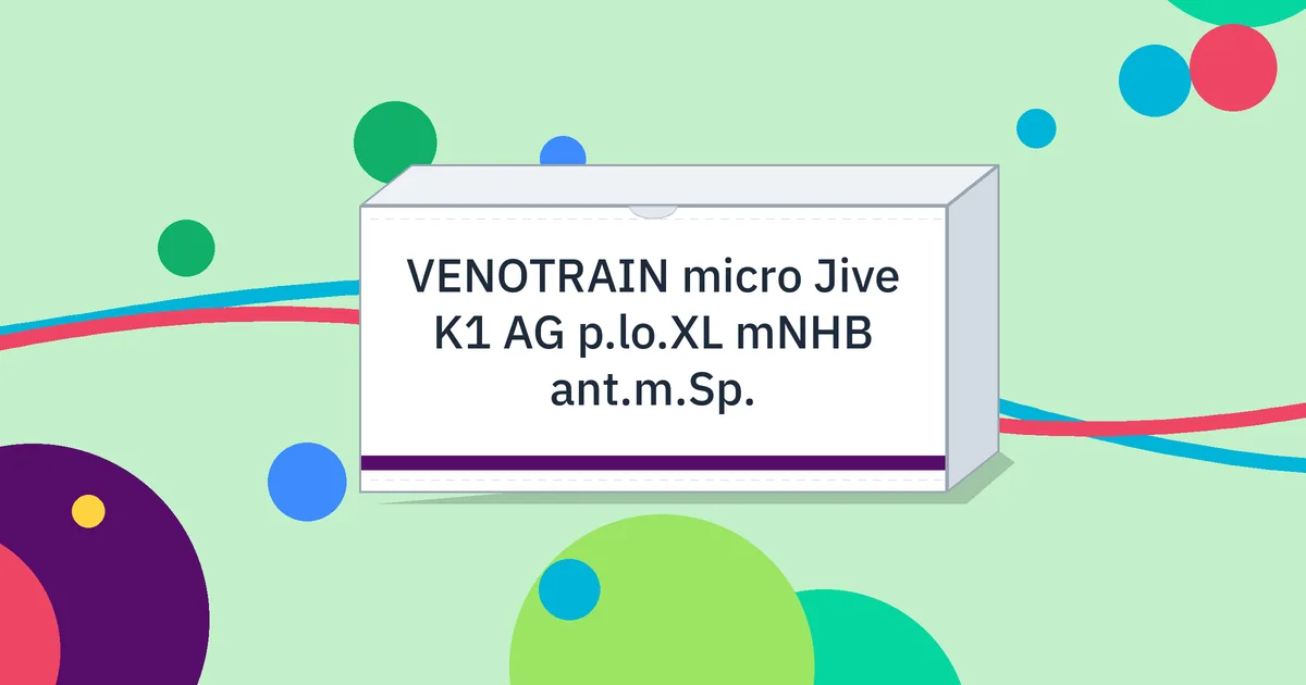 Symbolbild: Packung mit der Aufschrift VENOTRAIN micro Jive K1 AG p.lo.XL mNHB ant.m.Sp. (PZN 17761140) – Verfügbarkeit und Bezug in Apotheken in Frankfurt am Main
