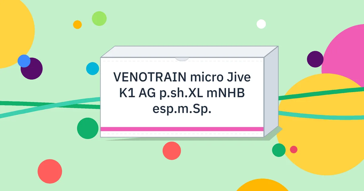 Symbolbild: Packung mit der Aufschrift VENOTRAIN micro Jive K1 AG p.sh.XL mNHB esp.m.Sp. (PZN 17760318) – Verfügbarkeit und Bezug in Apotheken in Frankfurt am Main