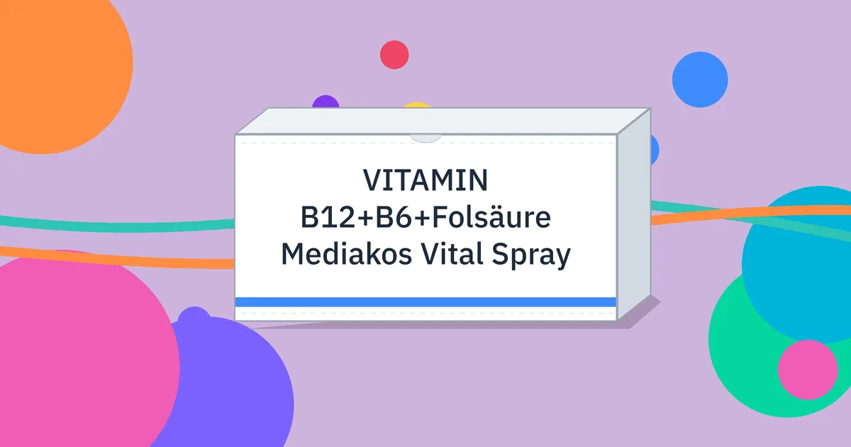 Symbolbild: Packung mit der Aufschrift VITAMIN B12+B6+Folsäure Mediakos Vital Spray (PZN 18317654) – Verfügbarkeit und Bezug in Apotheken in Frankfurt am Main