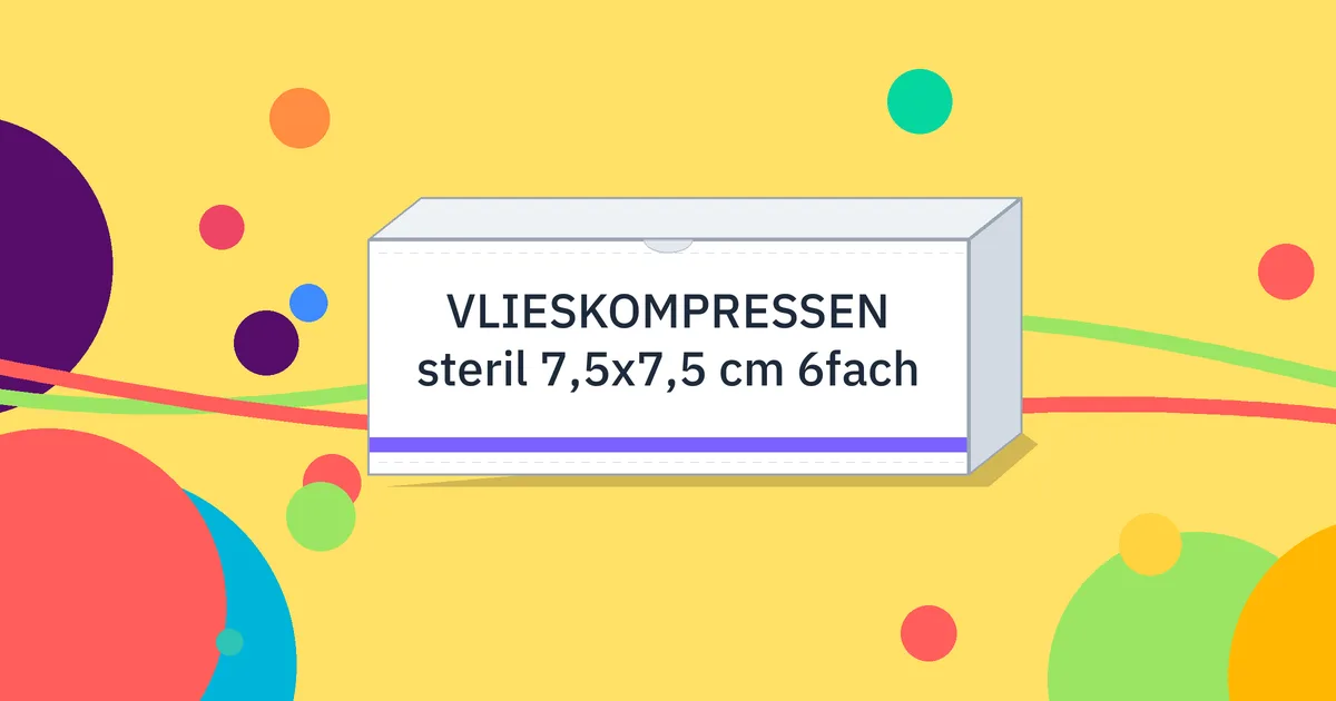 Symbolbild: Packung mit der Aufschrift VLIESKOMPRESSEN steril 7,5x7,5 cm 6fach (PZN 04793842) – Verfügbarkeit und Bezug in Apotheken in Frankfurt am Main