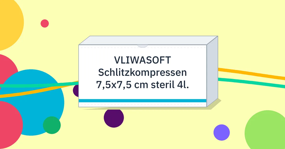 Symbolbild: Packung mit der Aufschrift VLIWASOFT Schlitzkompressen 7,5x7,5 cm steril 4l. (PZN 15431378) – Verfügbarkeit und Bezug in Apotheken in Frankfurt am Main