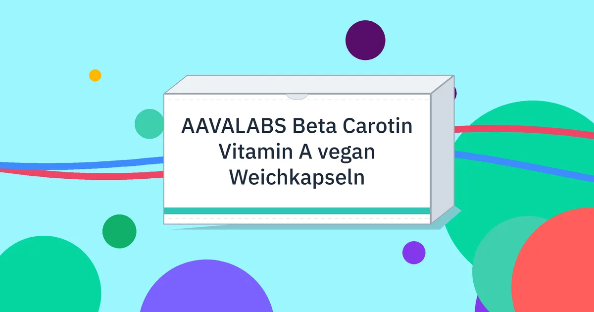 Symbolbild: Packung mit der Aufschrift AAVALABS Beta Carotin Vitamin A vegan Weichkapseln (PZN 18107313) – Verfügbarkeit und Bezug in Apotheken in Frankfurt am Main