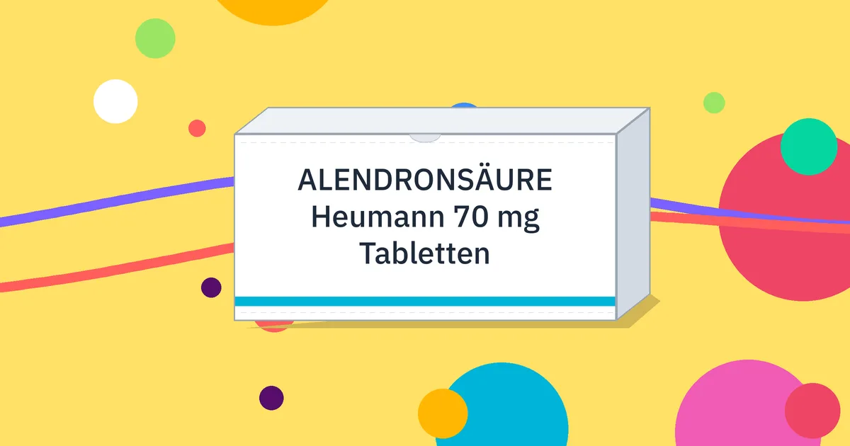Symbolbild: Packung mit der Aufschrift ALENDRONSÄURE Heumann 70 mg Tabletten (PZN 19635416) – Verfügbarkeit und Bezug in Apotheken in Frankfurt am Main