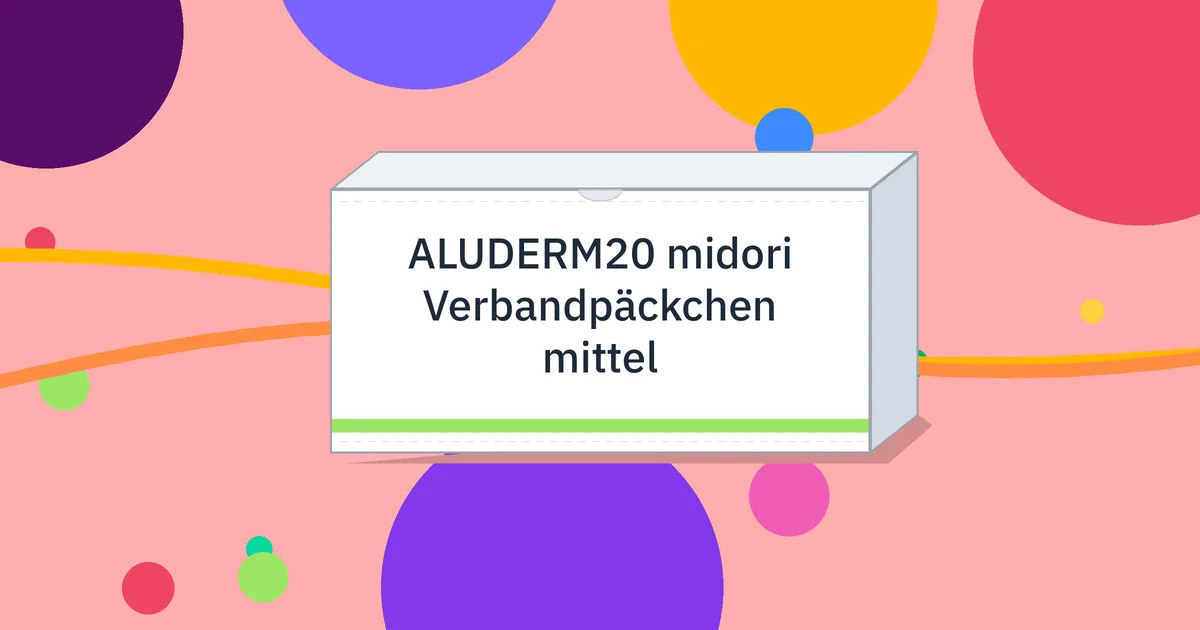 Symbolbild: Packung mit der Aufschrift ALUDERM20 midori Verbandpäckchen mittel (PZN 20936979) – Verfügbarkeit und Bezug in Apotheken in Frankfurt am Main