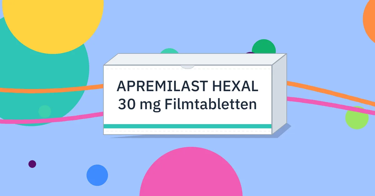 Symbolbild: Packung mit der Aufschrift APREMILAST HEXAL 30 mg Filmtabletten (PZN 19794669) – Verfügbarkeit und Bezug in Apotheken in Frankfurt am Main
