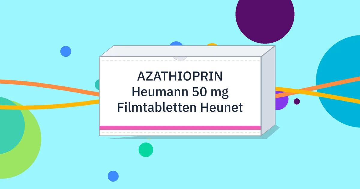 Symbolbild: Packung mit der Aufschrift AZATHIOPRIN Heumann 50 mg Filmtabletten Heunet (PZN 05909703) – Verfügbarkeit und Bezug in Apotheken in Frankfurt am Main