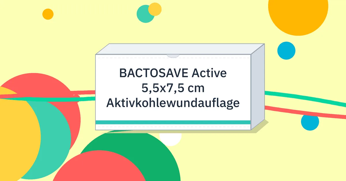 Symbolbild: Packung mit der Aufschrift BACTOSAVE Active 5,5x7,5 cm Aktivkohlewundauflage (PZN 20130199) – Verfügbarkeit und Bezug in Apotheken in Frankfurt am Main