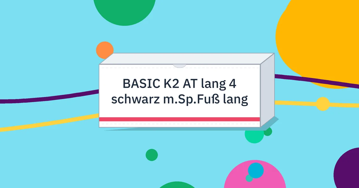 Symbolbild: Packung mit der Aufschrift BASIC K2 AT lang 4 schwarz m.Sp.Fuß lang (PZN 20269336) – Verfügbarkeit und Bezug in Apotheken in Frankfurt am Main