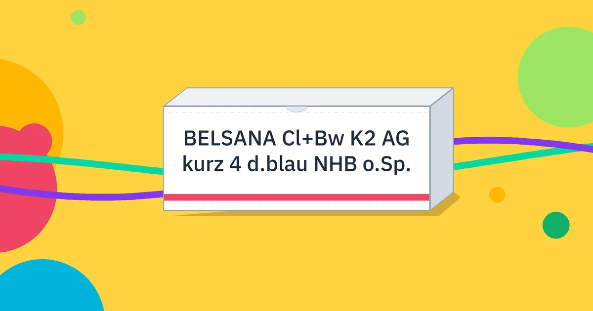Symbolbild: Packung mit der Aufschrift BELSANA Cl+Bw K2 AG kurz 4 d.blau NHB o.Sp. (PZN 15627294) – Verfügbarkeit und Bezug in Apotheken in Frankfurt am Main