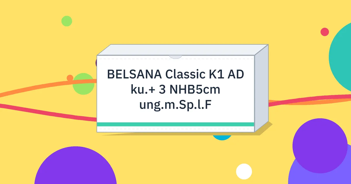 Symbolbild: Packung mit der Aufschrift BELSANA Classic K1 AD ku.+ 3 NHB5cm ung.m.Sp.l.F (PZN 19255808) – Verfügbarkeit und Bezug in Apotheken in Frankfurt am Main