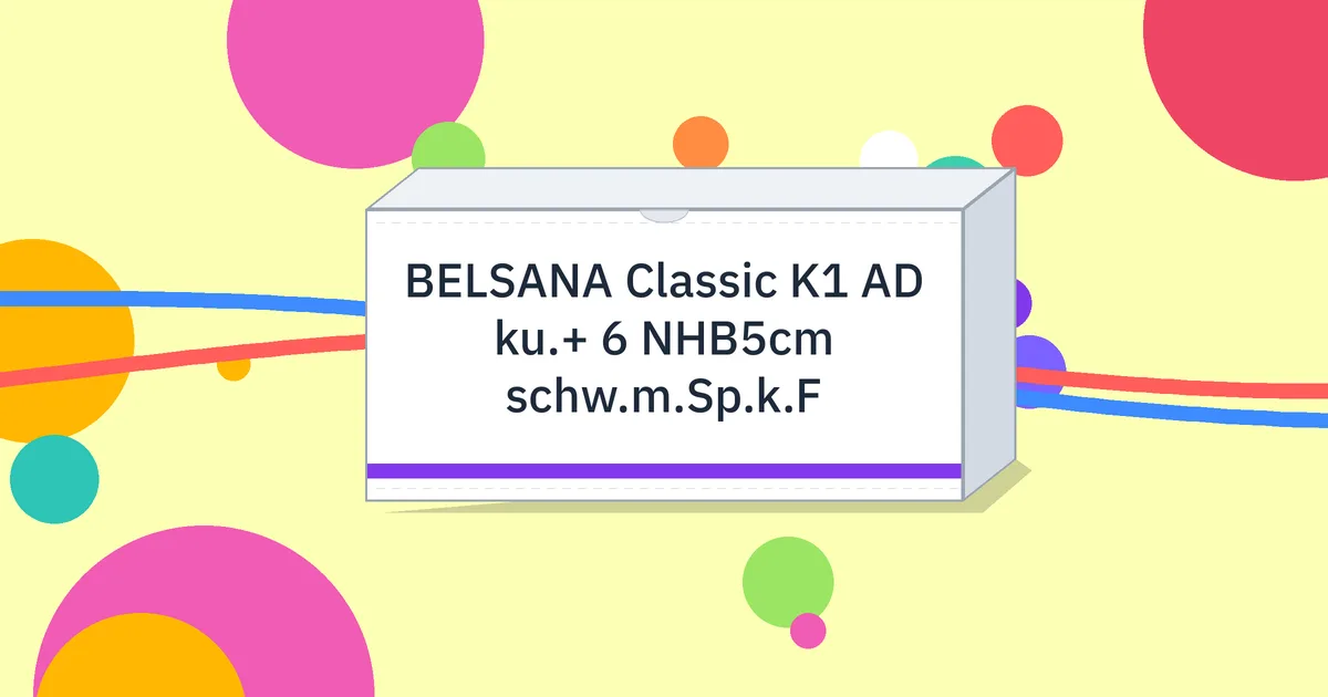 Symbolbild: Packung mit der Aufschrift BELSANA Classic K1 AD ku.+ 6 NHB5cm schw.m.Sp.k.F (PZN 19257090) – Verfügbarkeit und Bezug in Apotheken in Frankfurt am Main