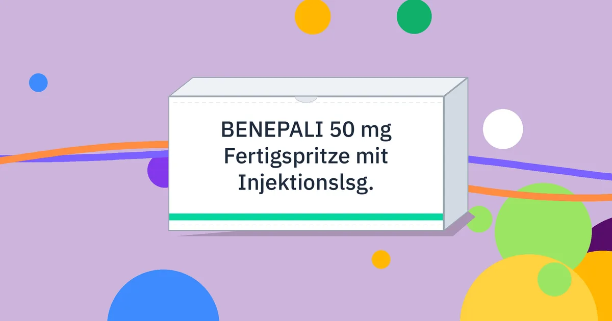 Symbolbild: Packung mit der Aufschrift BENEPALI 50 mg Fertigspritze mit Injektionslsg. (PZN 16749496) – Verfügbarkeit und Bezug in Apotheken in Frankfurt am Main