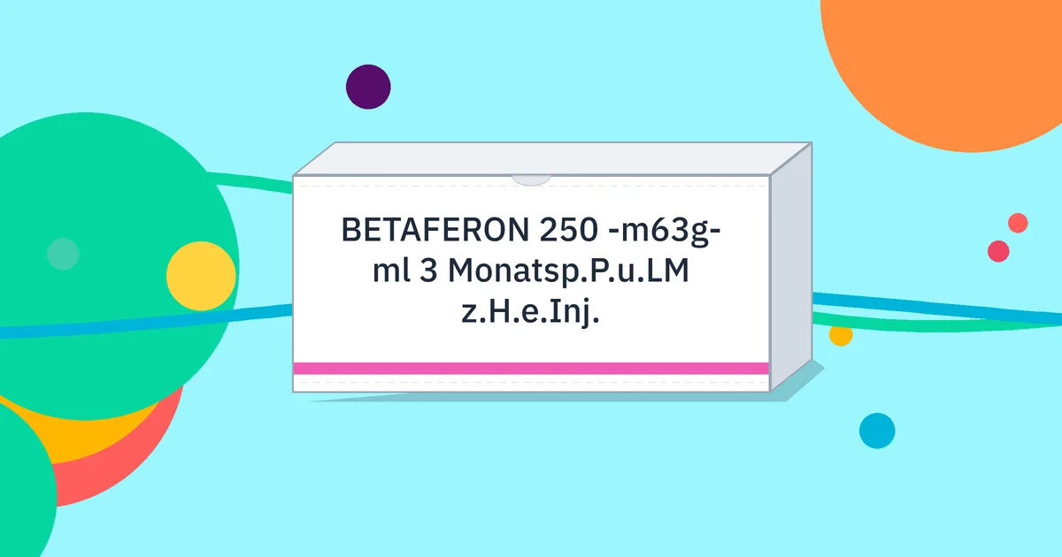 Symbolbild: Packung mit der Aufschrift BETAFERON 250 -m63g-ml 3 Monatsp.P.u.LM z.H.e.Inj. (PZN 05488609) – Verfügbarkeit und Bezug in Apotheken in Frankfurt am Main
