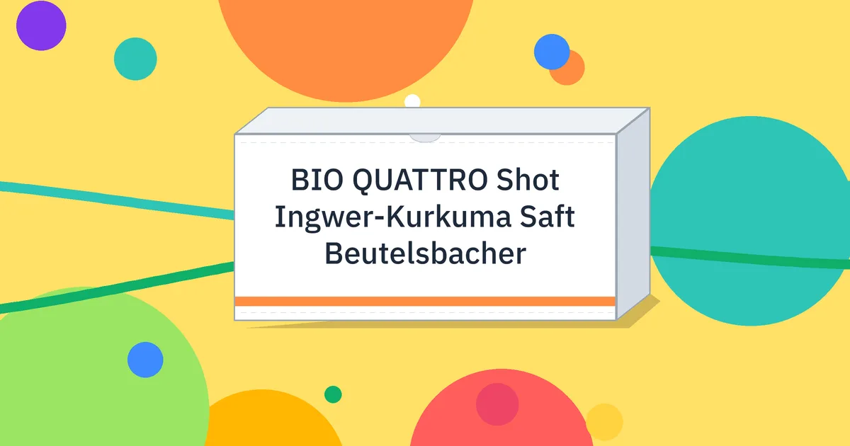 Symbolbild: Packung mit der Aufschrift BIO QUATTRO Shot Ingwer-Kurkuma Saft Beutelsbacher (PZN 20597632) – Verfügbarkeit und Bezug in Apotheken in Frankfurt am Main