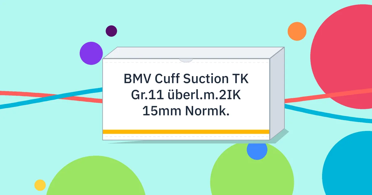 Symbolbild: Packung mit der Aufschrift BMV Cuff Suction TK Gr.11 überl.m.2IK 15mm Normk. (PZN 18383616) – Verfügbarkeit und Bezug in Apotheken in Frankfurt am Main