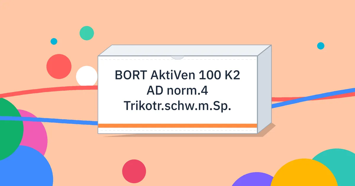 Symbolbild: Packung mit der Aufschrift BORT AktiVen 100 K2 AD norm.4 Trikotr.schw.m.Sp. (PZN 14386730) – Verfügbarkeit und Bezug in Apotheken in Frankfurt am Main
