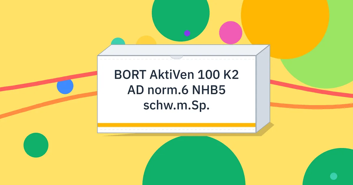 Symbolbild: Packung mit der Aufschrift BORT AktiVen 100 K2 AD norm.6 NHB5 schw.m.Sp. (PZN 17497080) – Verfügbarkeit und Bezug in Apotheken in Frankfurt am Main