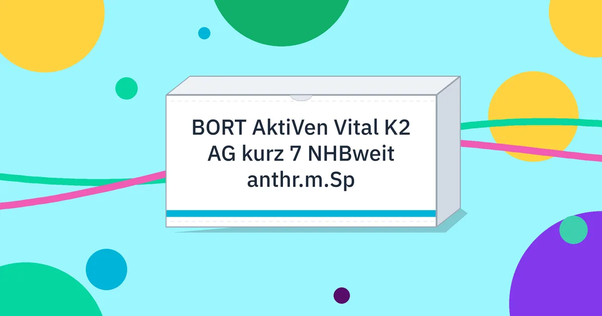 Symbolbild: Packung mit der Aufschrift BORT AktiVen Vital K2 AG kurz 7 NHBweit anthr.m.Sp (PZN 13734809) – Verfügbarkeit und Bezug in Apotheken in Frankfurt am Main