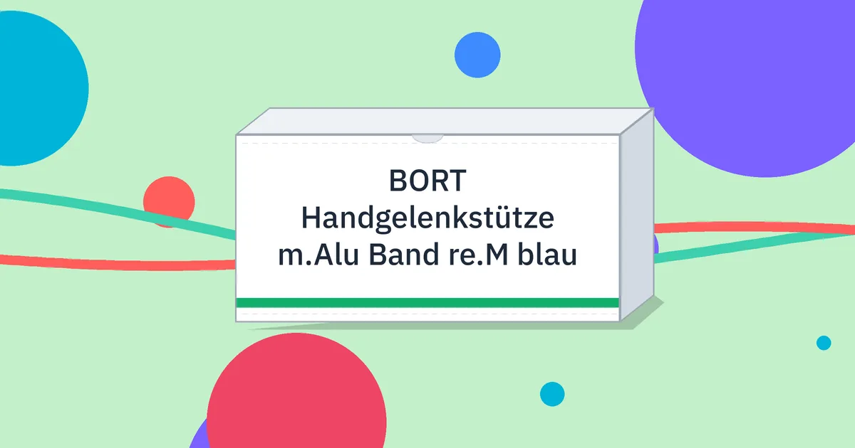 Symbolbild: Packung mit der Aufschrift BORT Handgelenkstütze m.Alu Band re.M blau (PZN 04125336) – Verfügbarkeit und Bezug in Apotheken in Frankfurt am Main