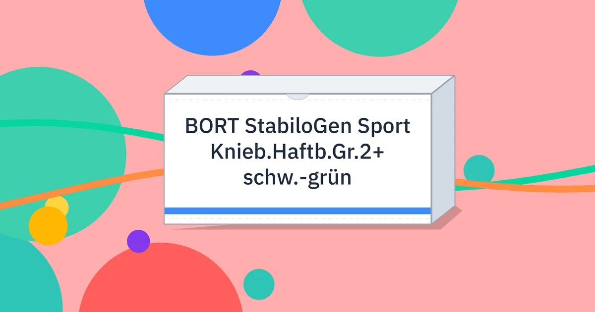 Symbolbild: Packung mit der Aufschrift BORT StabiloGen Sport Knieb.Haftb.Gr.2+ schw.-grün (PZN 19111251) – Verfügbarkeit und Bezug in Apotheken in Frankfurt am Main
