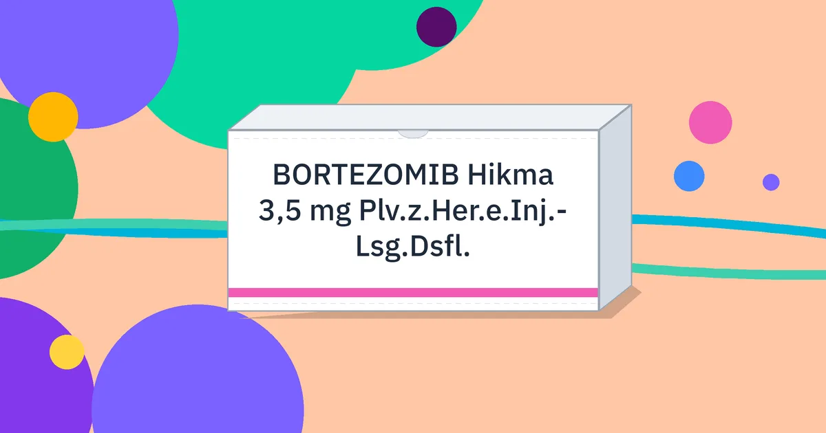 Symbolbild: Packung mit der Aufschrift BORTEZOMIB Hikma 3,5 mg Plv.z.Her.e.Inj.-Lsg.Dsfl. (PZN 17438226) – Verfügbarkeit und Bezug in Apotheken in Frankfurt am Main