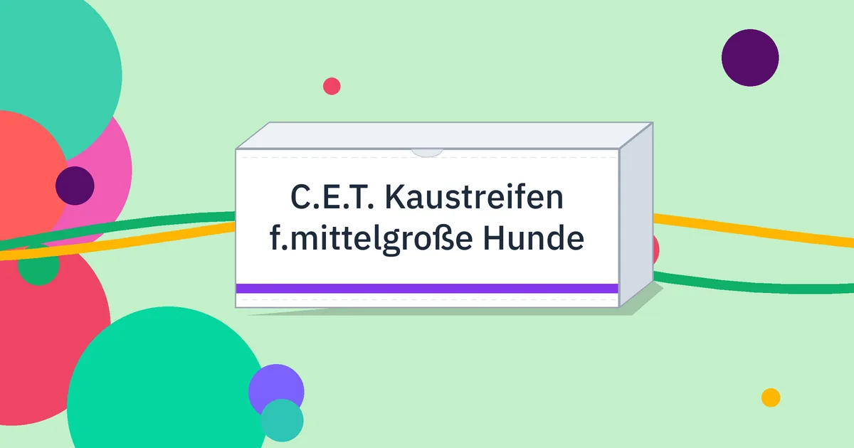 Symbolbild: Packung mit der Aufschrift C.E.T. Kaustreifen f.mittelgroße Hunde (PZN 16608850) – Verfügbarkeit und Bezug in Apotheken in Frankfurt am Main