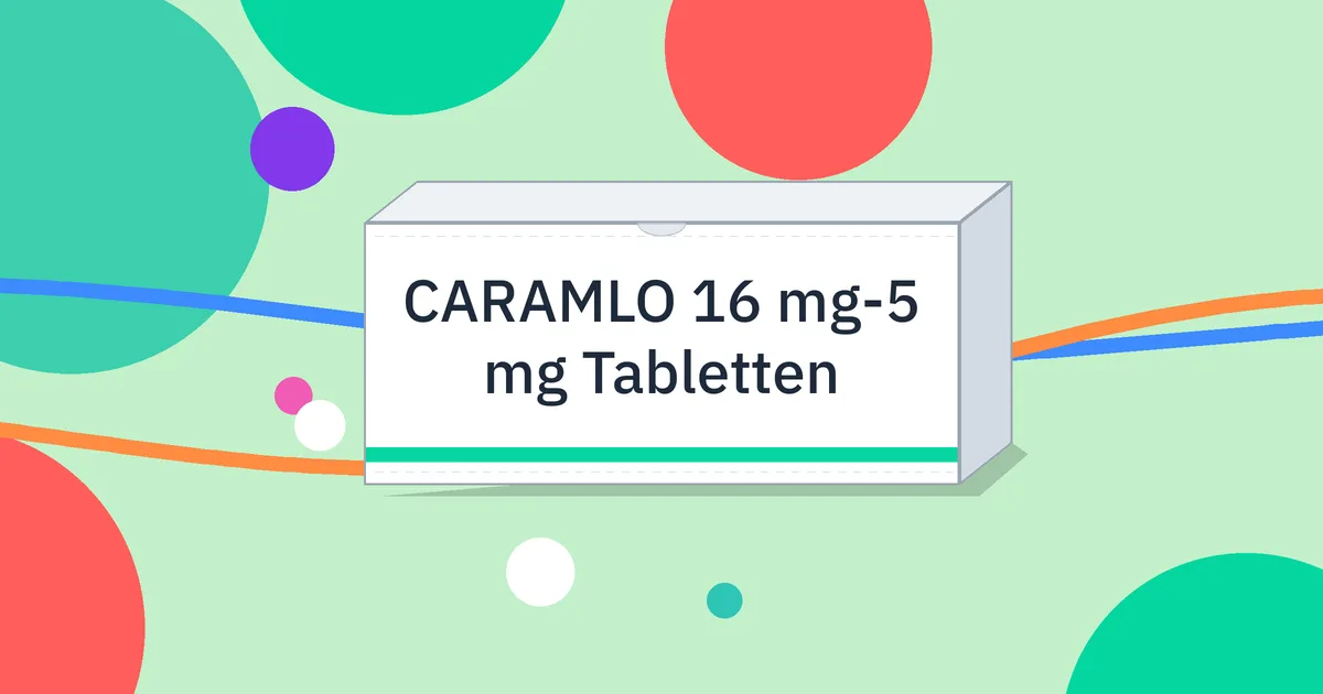 Symbolbild: Packung mit der Aufschrift CARAMLO 16 mg-5 mg Tabletten (PZN 20134725) – Verfügbarkeit und Bezug in Apotheken in Frankfurt am Main