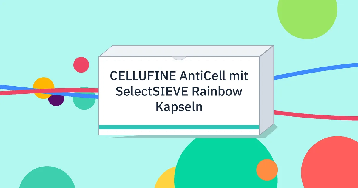 Symbolbild: Packung mit der Aufschrift CELLUFINE AntiCell mit SelectSIEVE Rainbow Kapseln (PZN 16243609) – Verfügbarkeit und Bezug in Apotheken in Frankfurt am Main