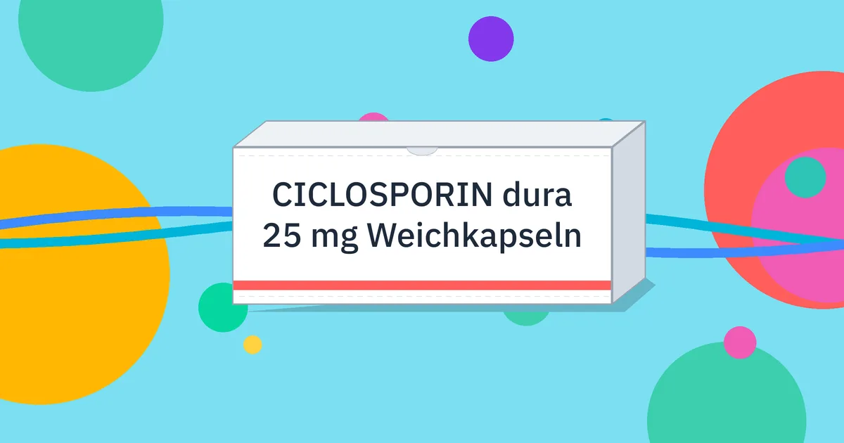 Symbolbild: Packung mit der Aufschrift CICLOSPORIN dura 25 mg Weichkapseln (PZN 06064509) – Verfügbarkeit und Bezug in Apotheken in Frankfurt am Main