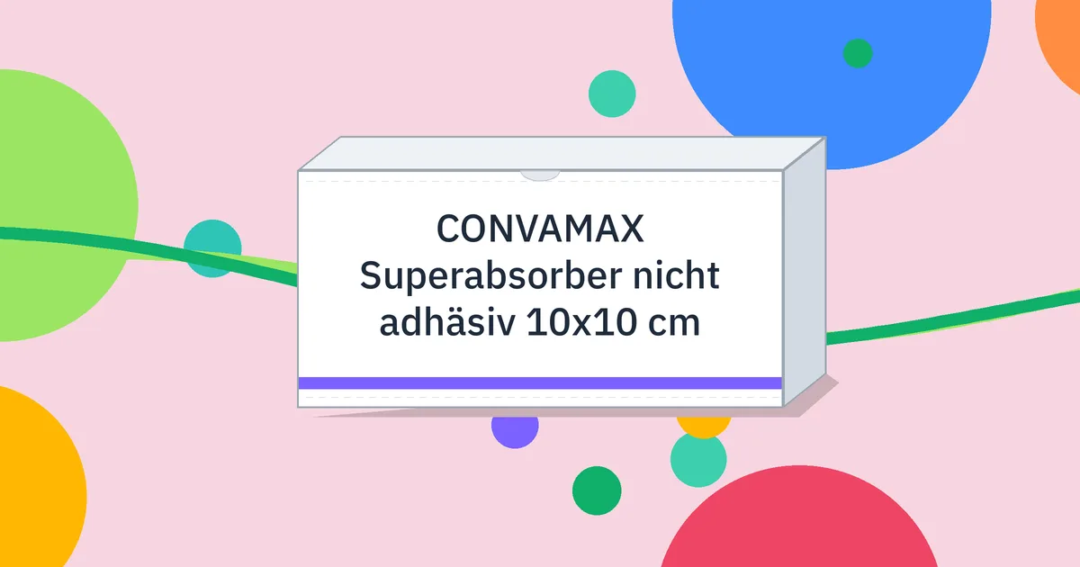 Symbolbild: Packung mit der Aufschrift CONVAMAX Superabsorber nicht adhäsiv 10x10 cm (PZN 15634331) – Verfügbarkeit und Bezug in Apotheken in Frankfurt am Main